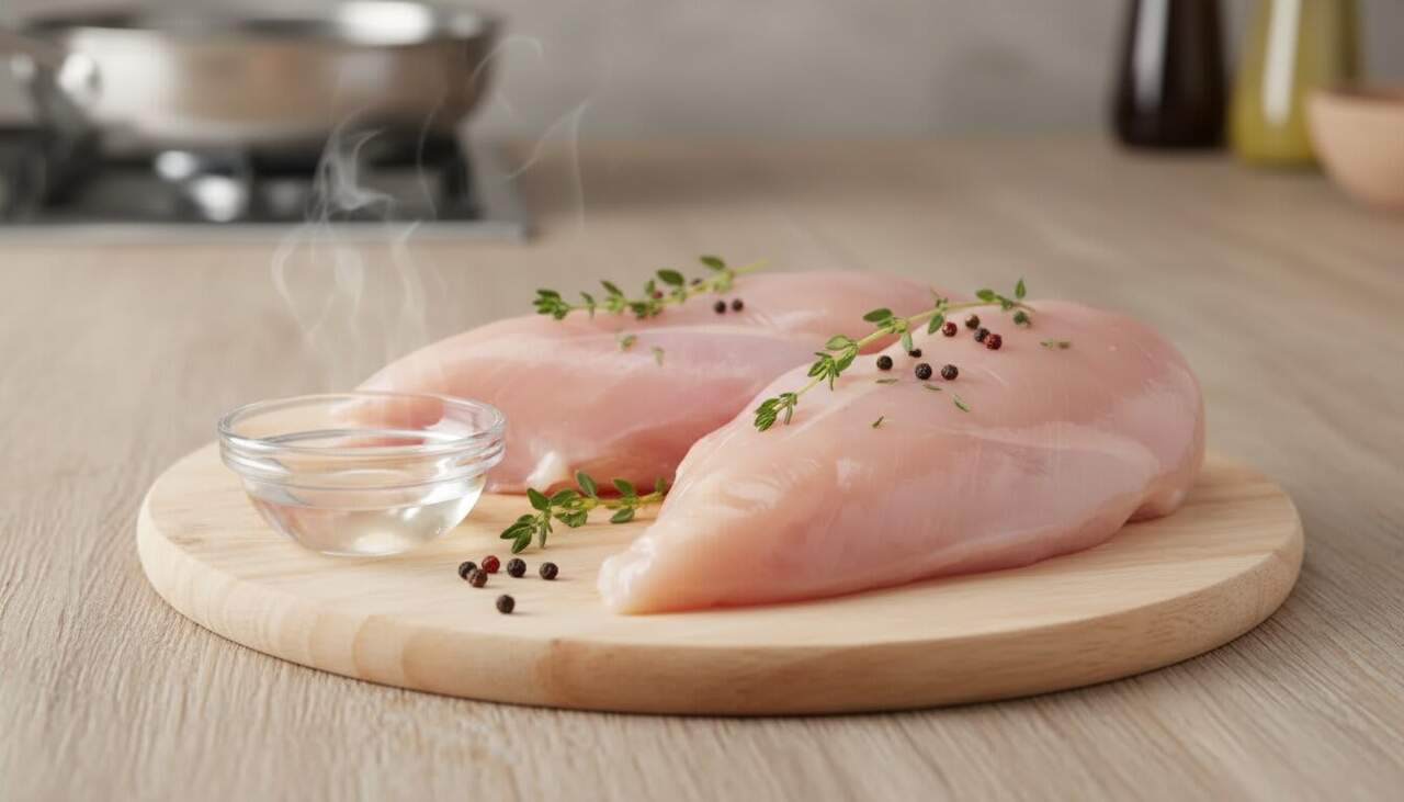 Why do they recommend adding vinegar when frying chicken breast?